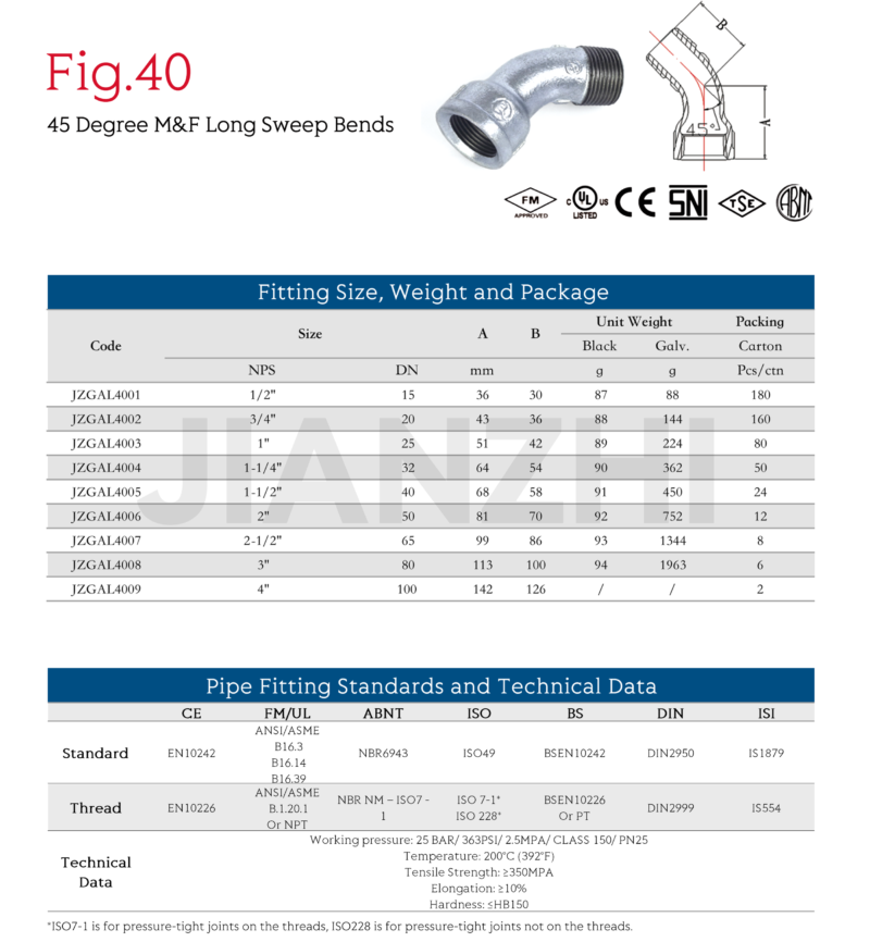 Elbow Pipe Bend 45 Degree Male and Female Fig.40 - Jianzhi Pipe Fittings