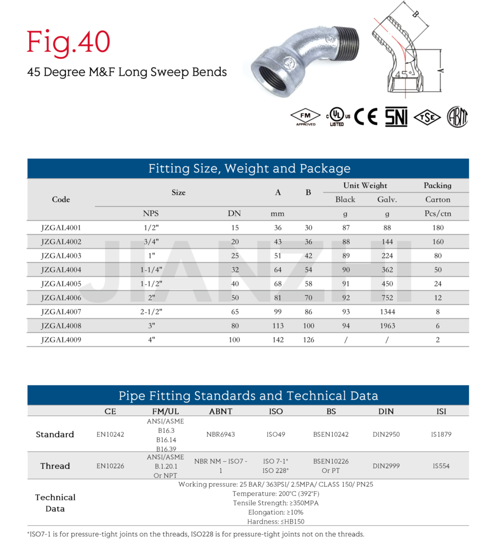 Elbow Pipe Bend 45 Degree Male and Female Fig.40 - Jianzhi Pipe Fittings